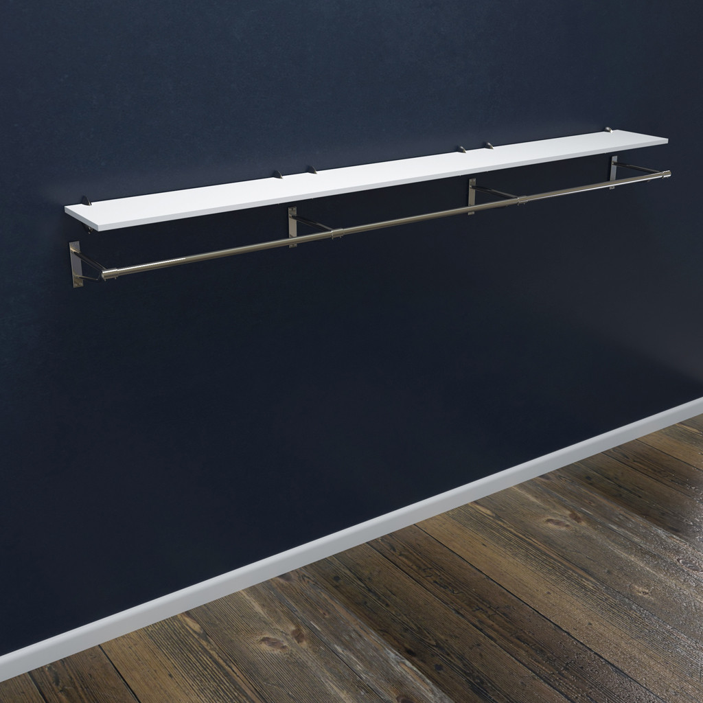 Wall-Mounted Wooden Shelf with Heavy Duty Hanging Rail - W2700mm