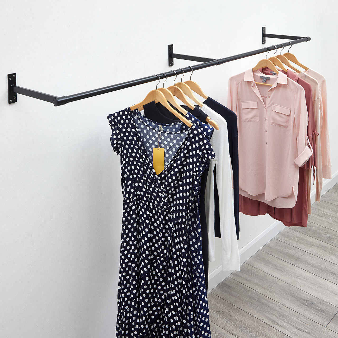 2m Black Wall-Mounted Hanging Clothes Rail with 3 Support Arms