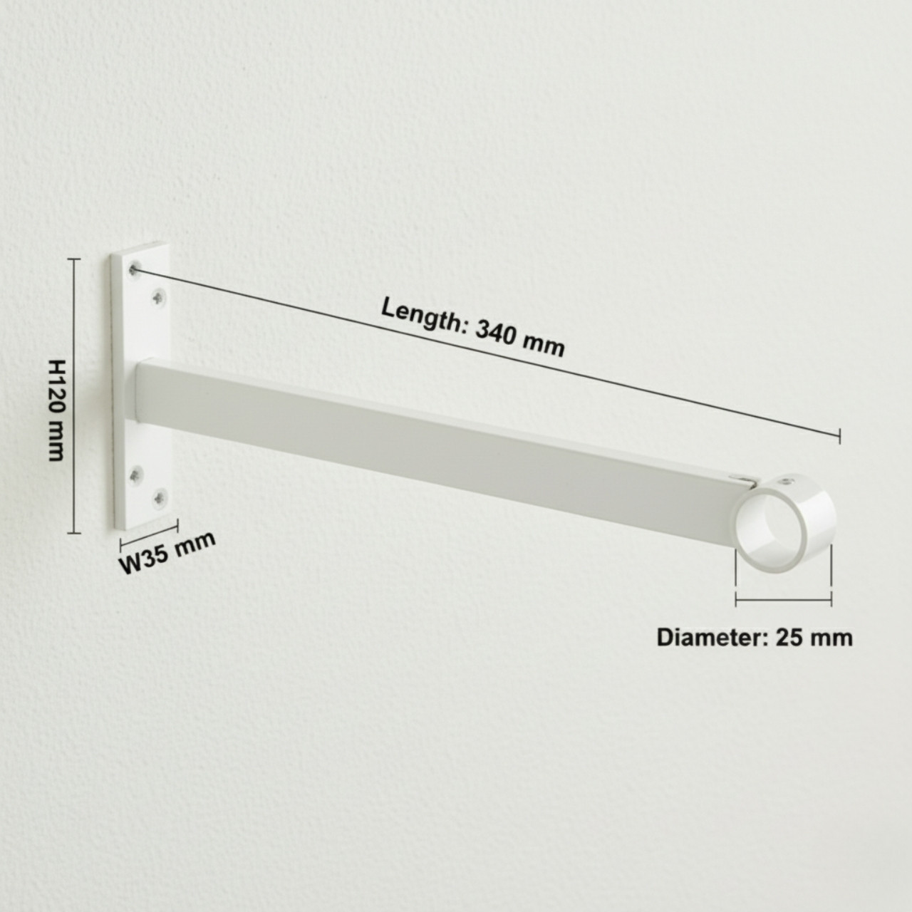 White Support Arm For up to 25mm Diameter tube - Wall fix - L340 x D25mm