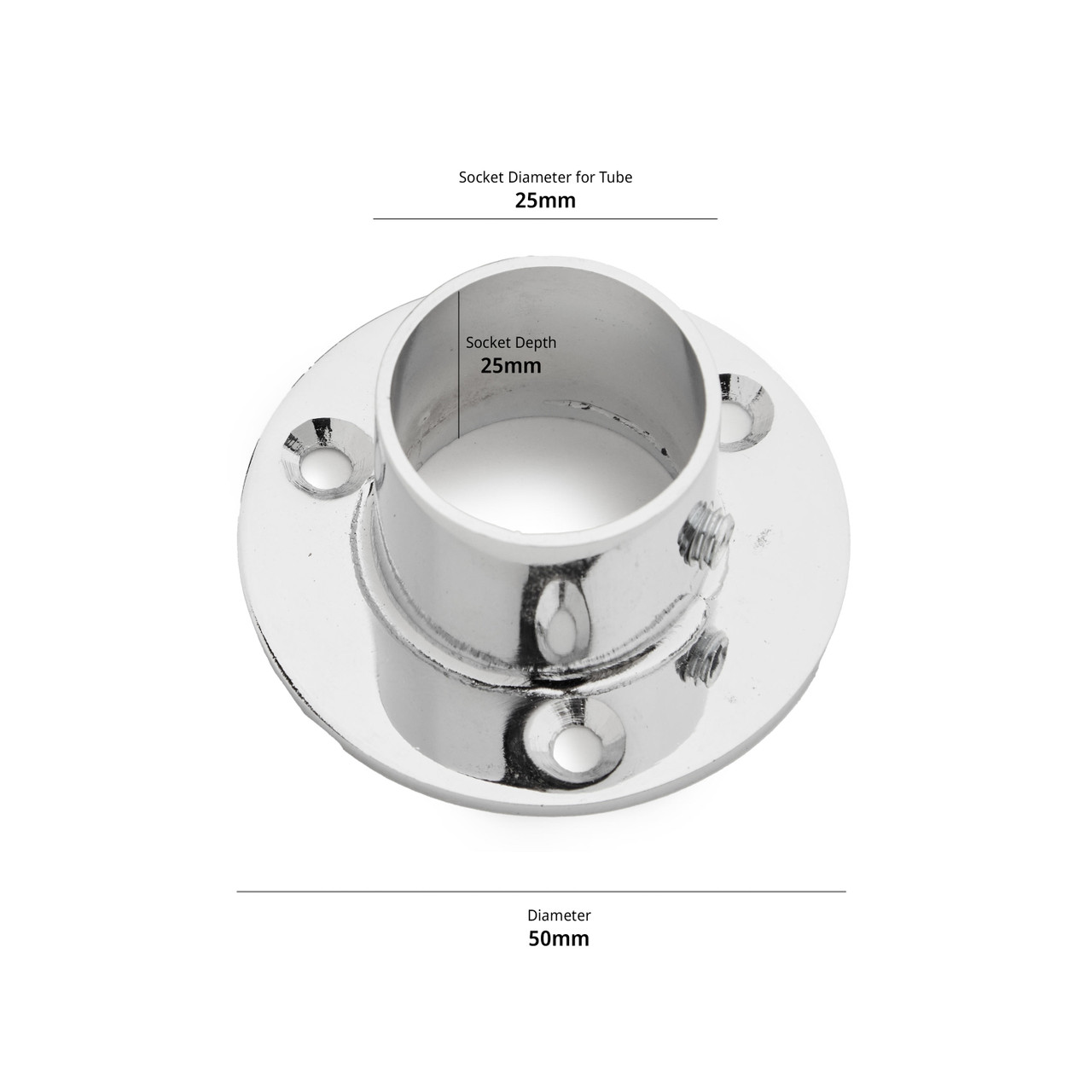 Chrome Socket for 25mm Dia. White Tube Rail - Outer-diameter 50mm