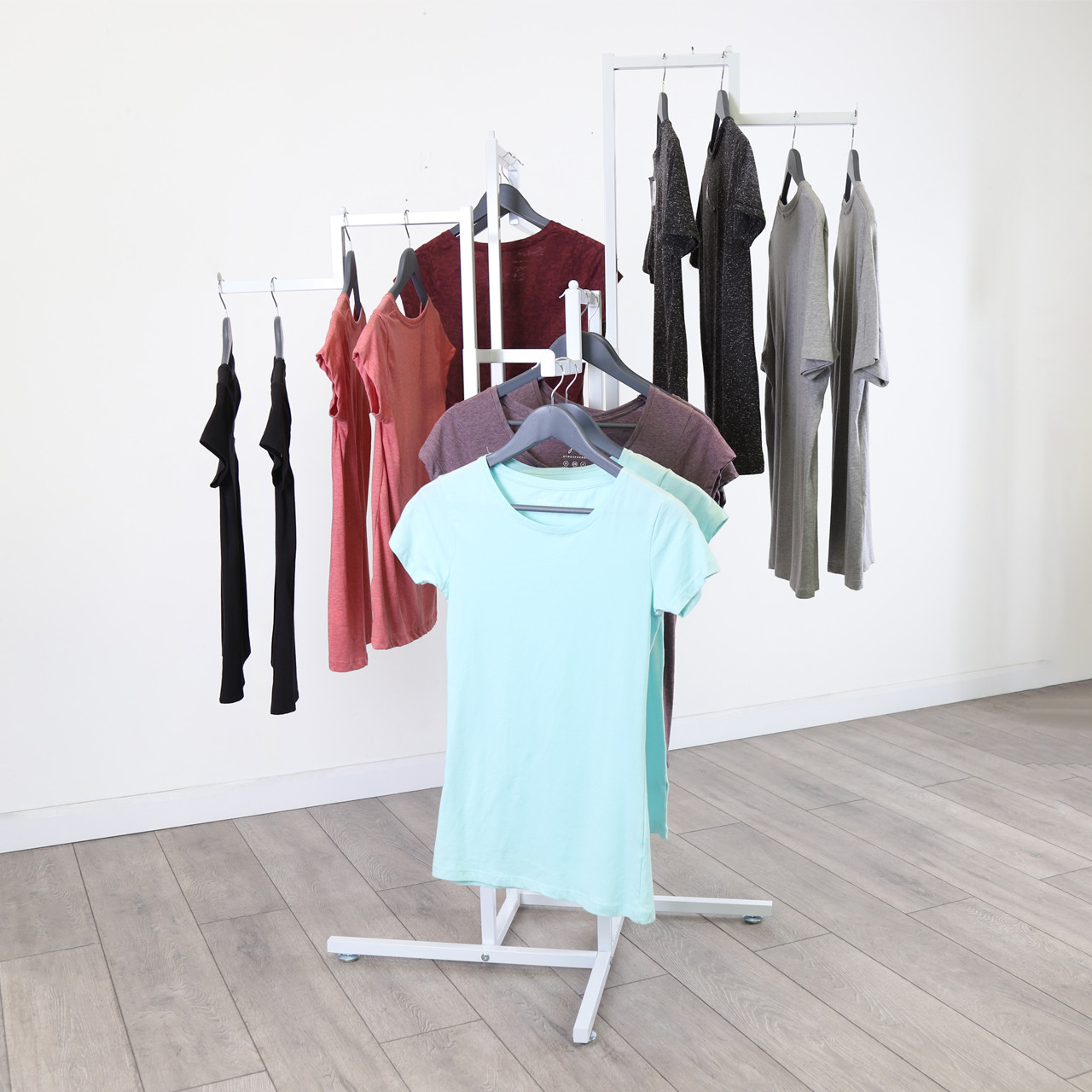 Chrome Clothes Rail Display Stand - 4 Stepped Arms - H1220mm - 1830mm