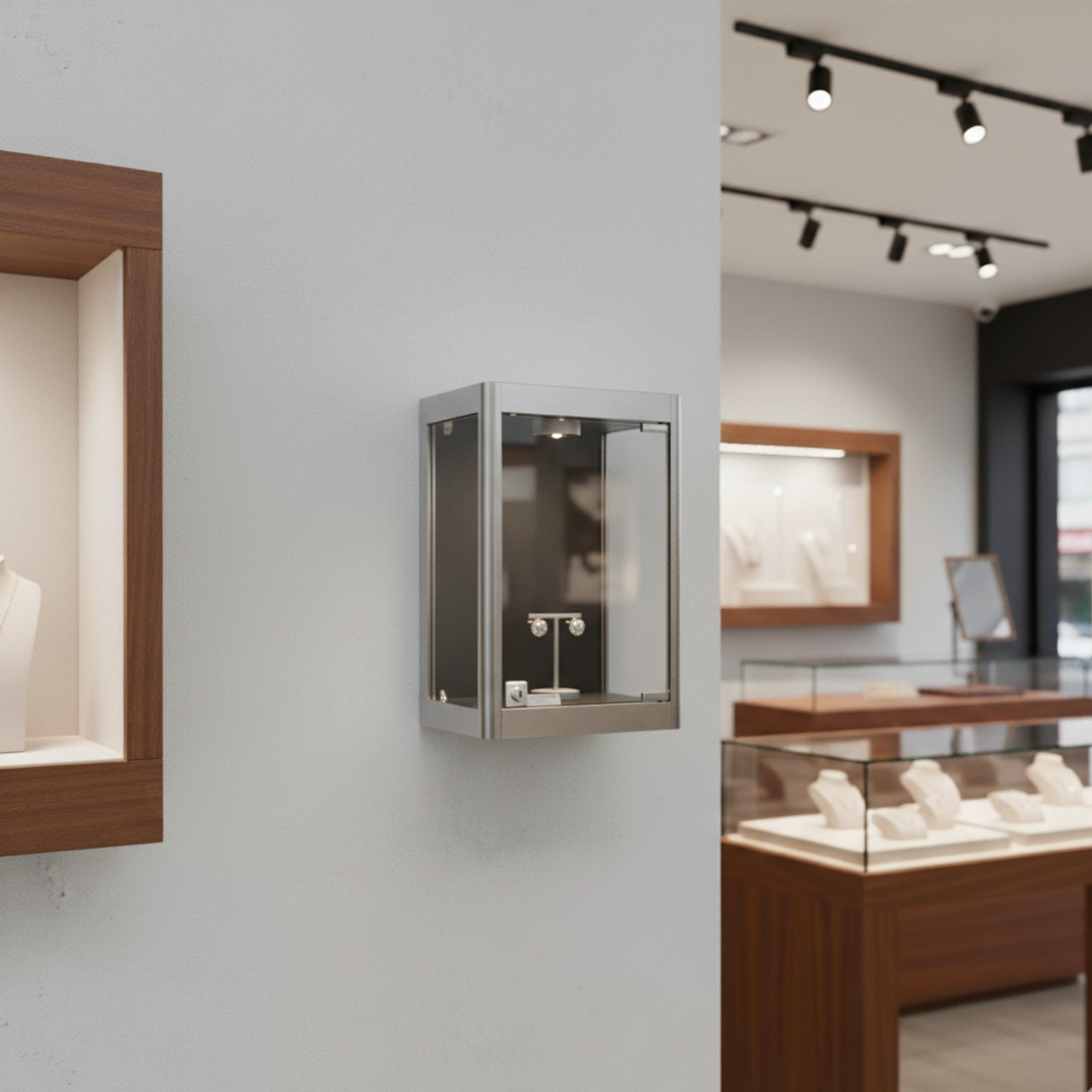 Silver Mini Wall-Mounted Glass Showcase with Optional LED Light