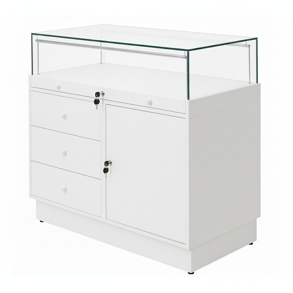 Halo White Glass Display Showcase Counter with Lockable Cupboard & 3 ...