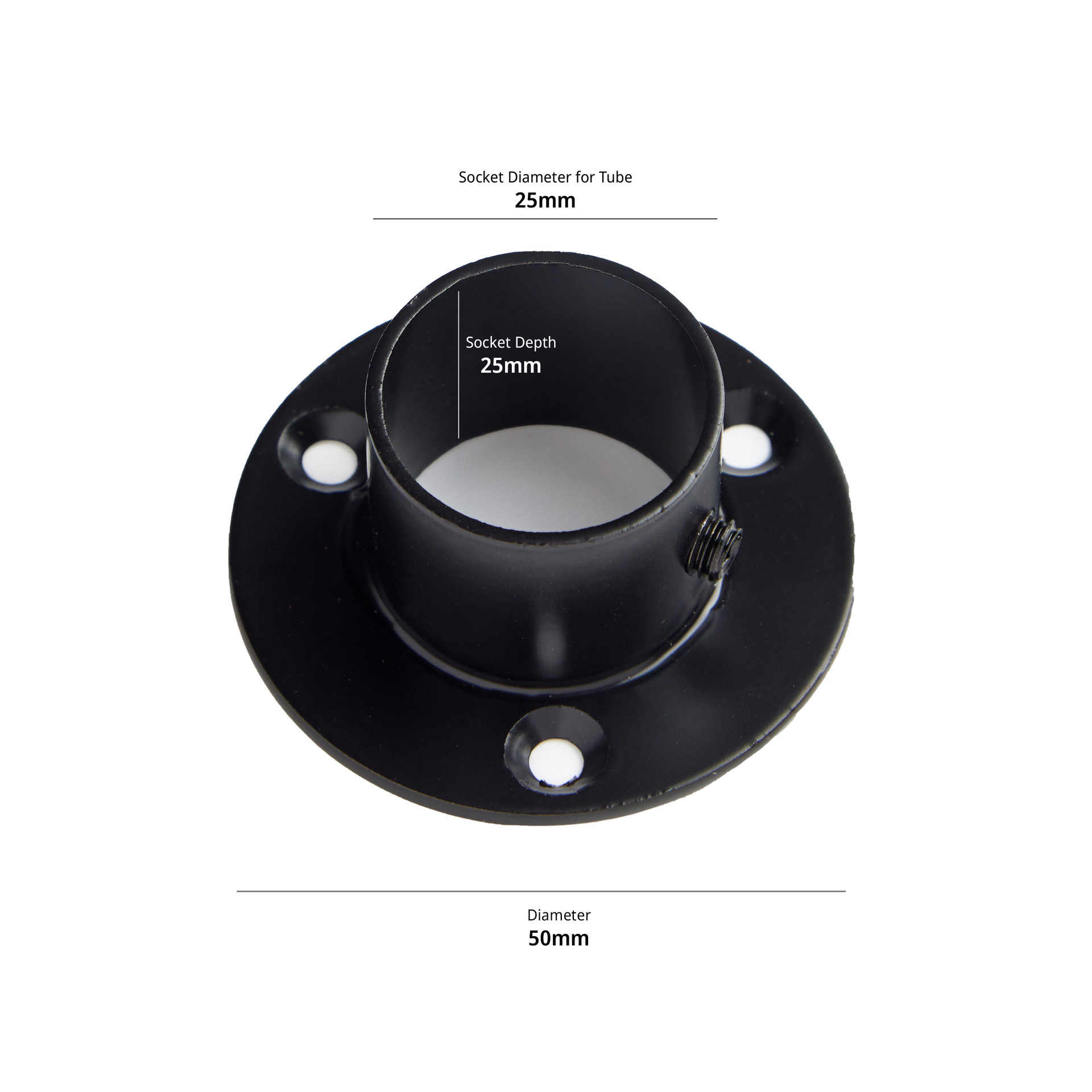 Black Socket for 25mm Dia. Black Tube Rail - Outer-diameter 50mm