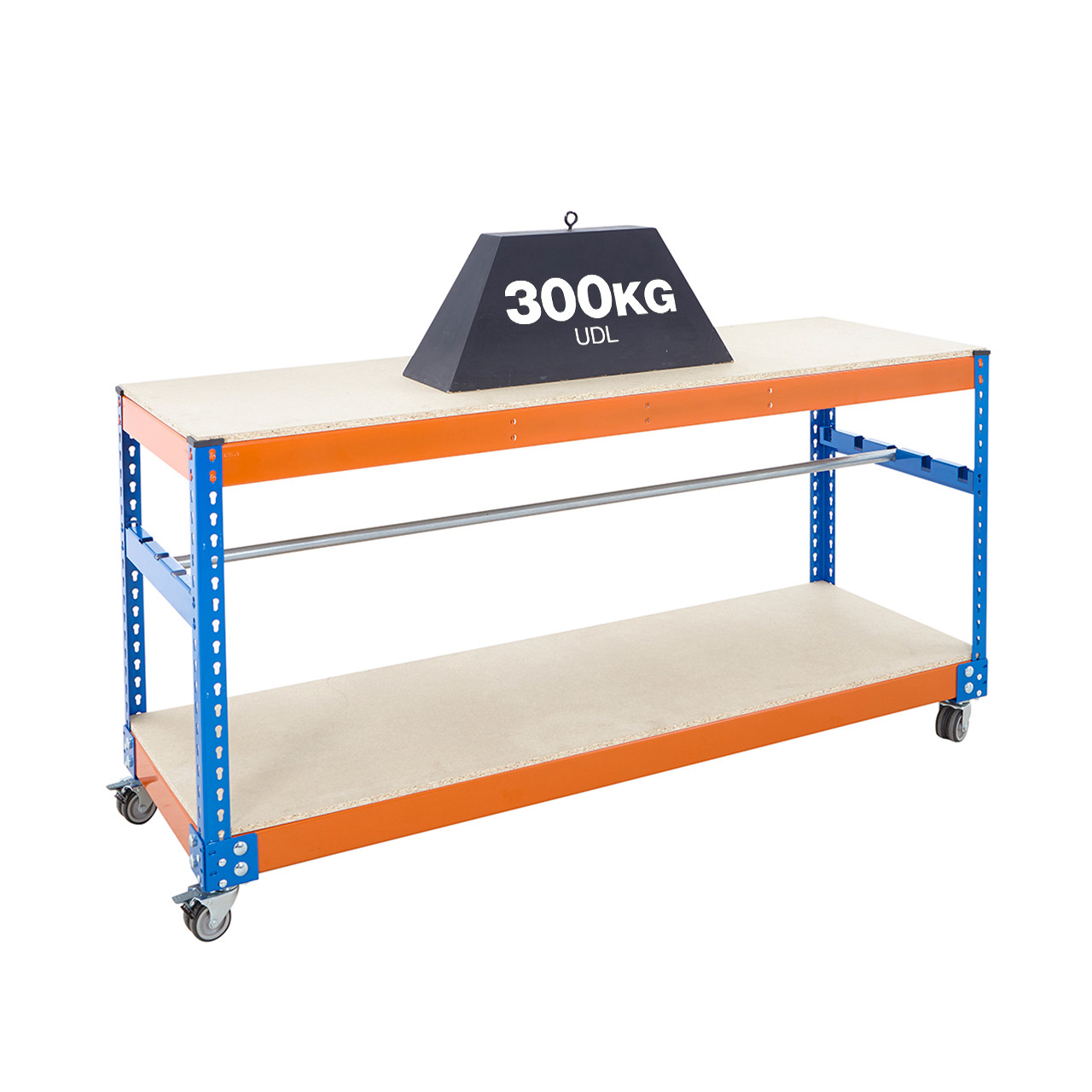 Mobile Blue & Orange Workbench With Reel Bar & 2 x Chipboard Shelves ...