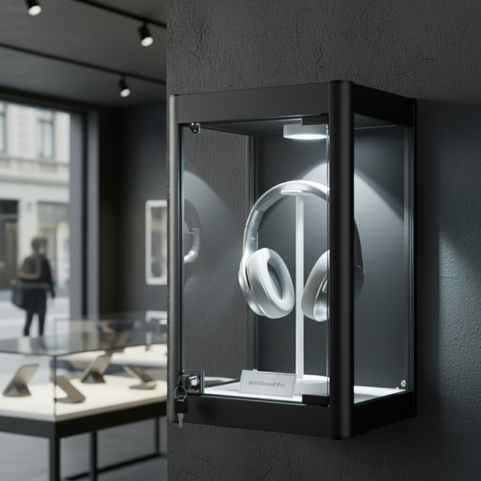 Black Mini Wall-Mounted Glass Showcase with Optional LED Light