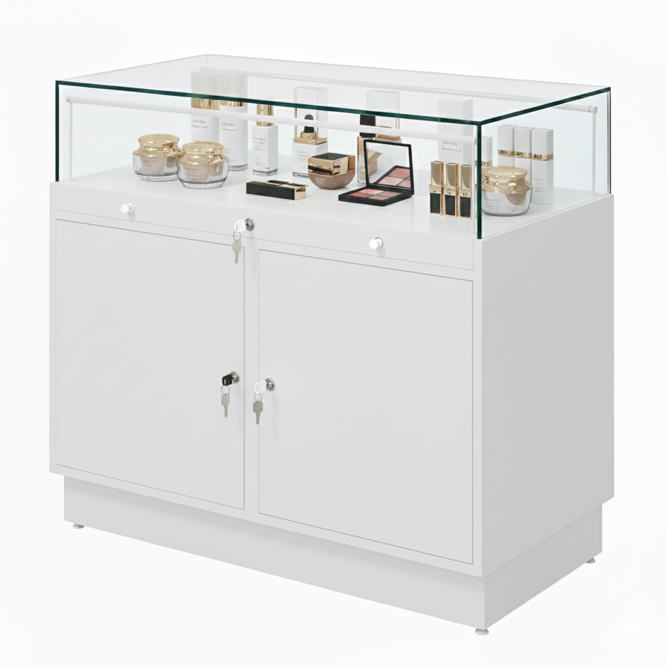 Halo White Glass Display Showcase Counter with 2 Lockable Cupboards