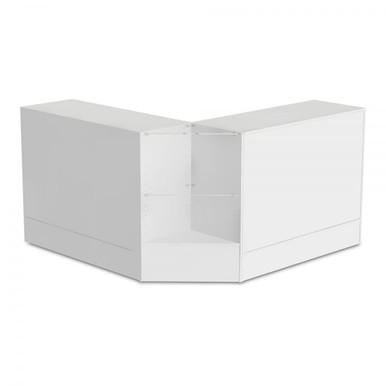 2 x White Shop Counters and 1x Corner Display Unit with Glass Shelves ...