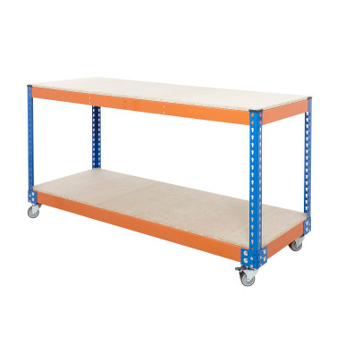 Mobile Blue & Orange Workbench With 2 x Chipboard Shelves - Up To 300kg UDL