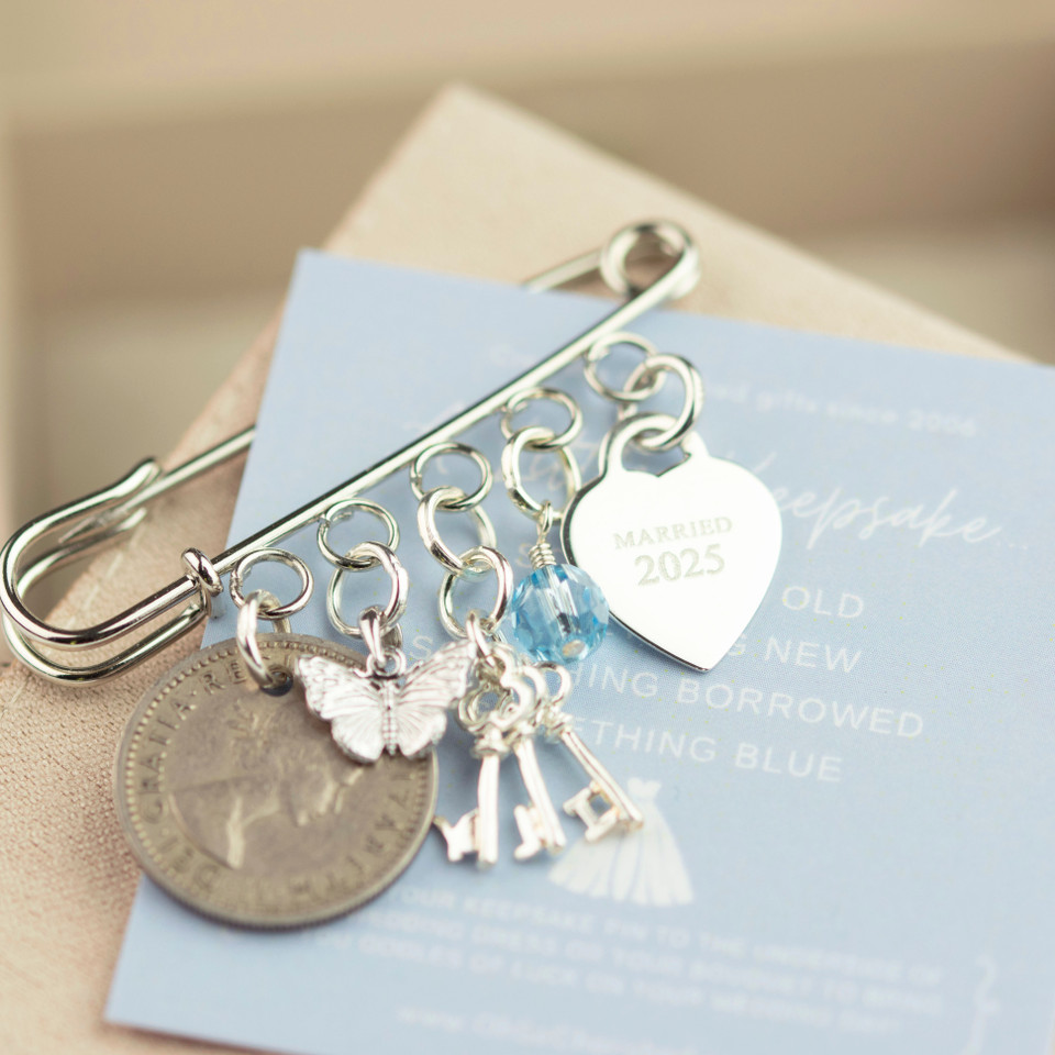 Something old, new, borrowed, blue, wedding bridal pin for bride