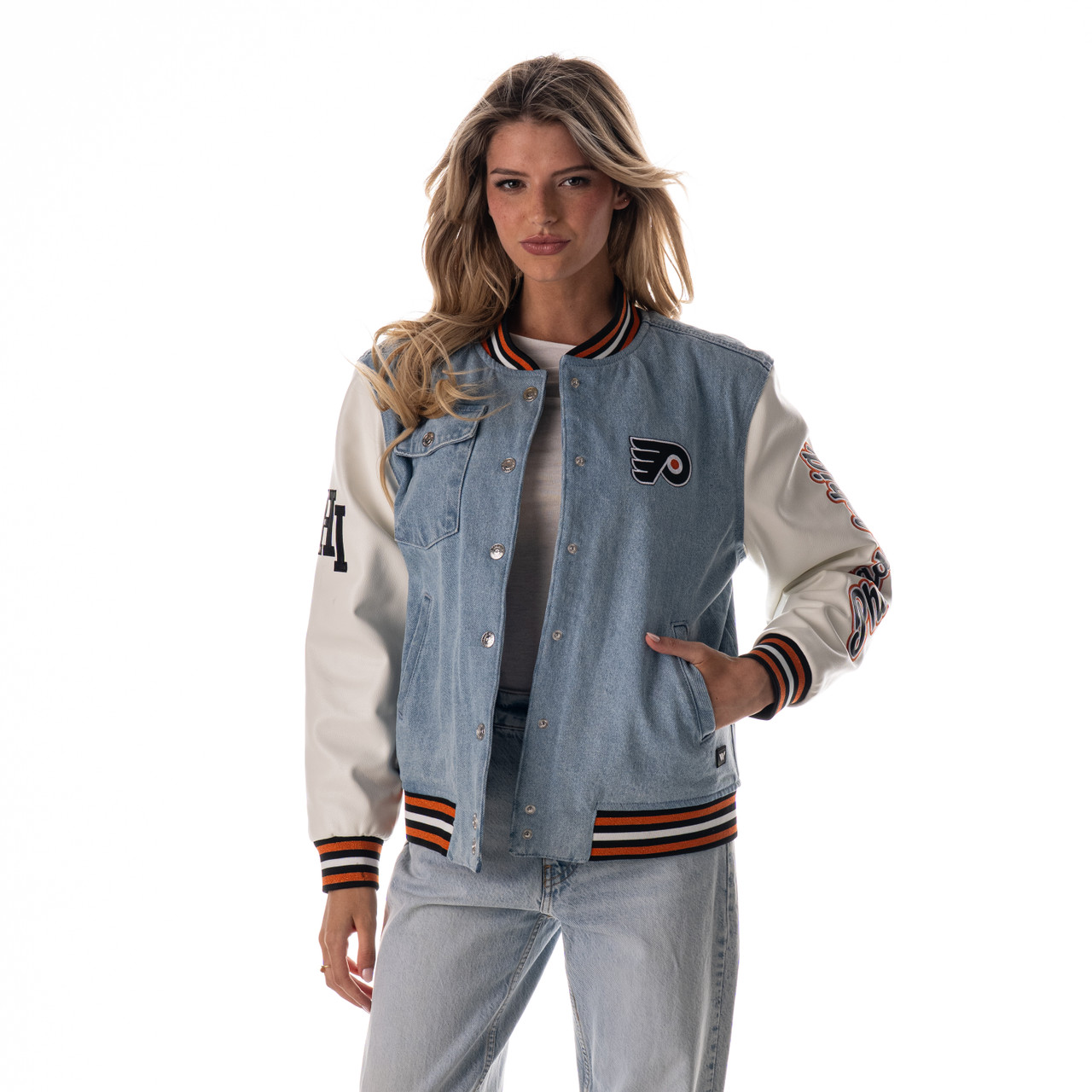 Philadelphia Flyers Women's Wild Collective Denim Varsity Jacket