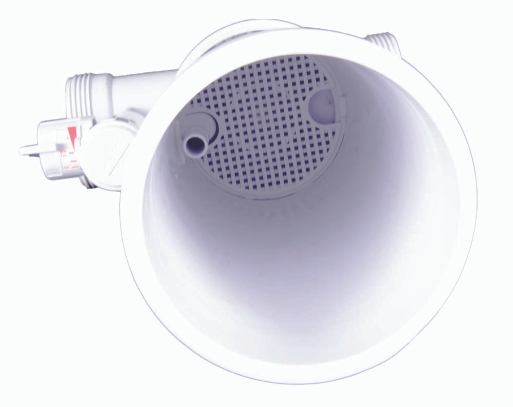 Cmp power clean tab econ in - line chlorinator with white lid.