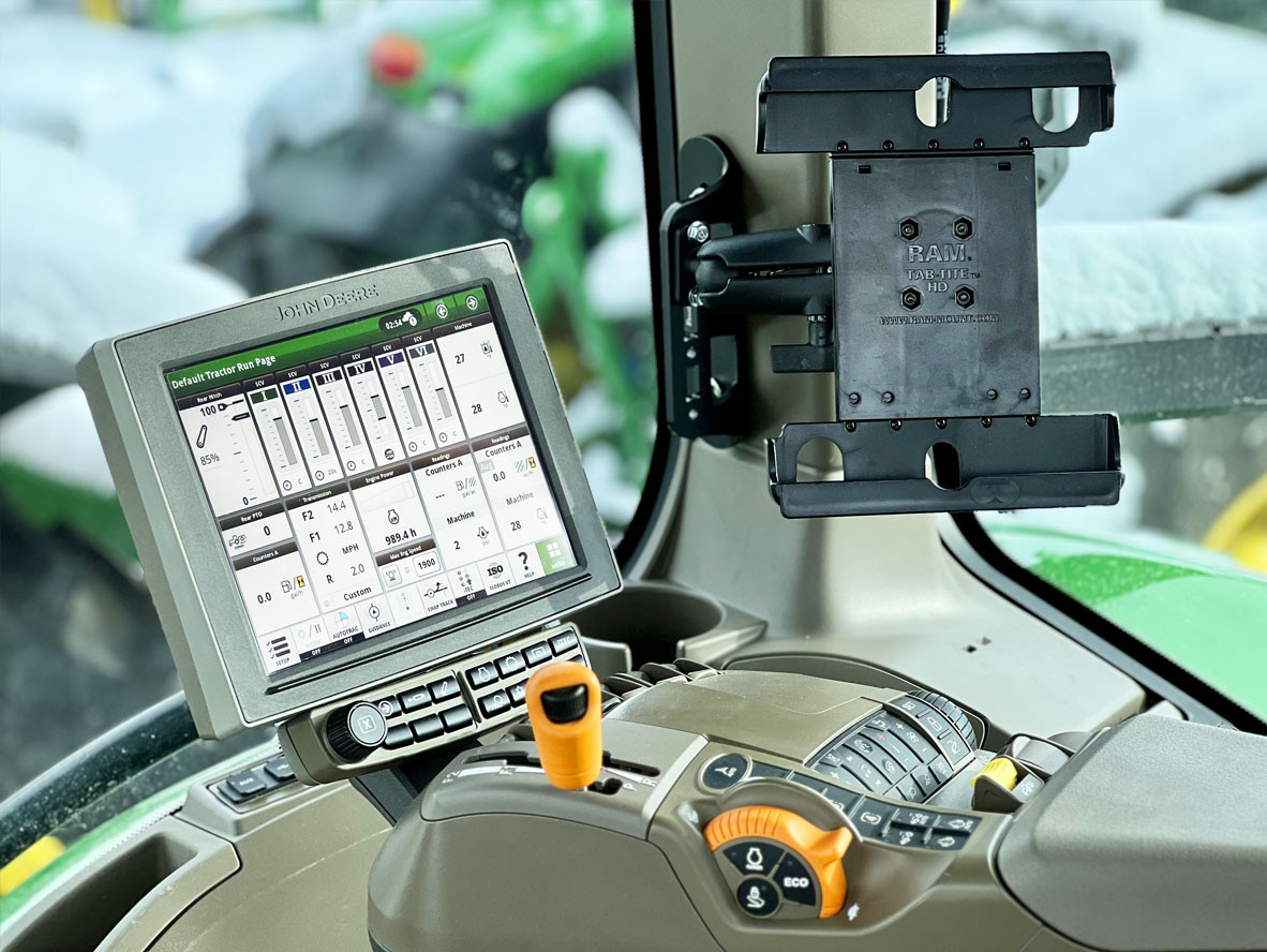 Rear corner post mounting bracket in 7R or 8R John Deere Cab