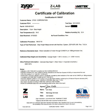 ISO-17025 Step-Height Calibration - Zygo