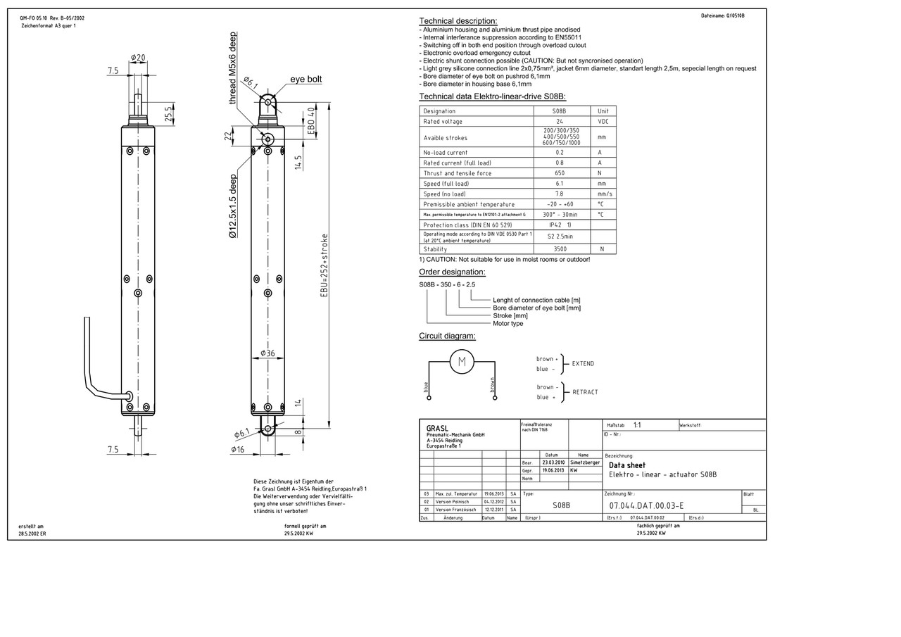 Spindle Actuator (650N) 350mm - 1000mm - S08B - Fire Supplies