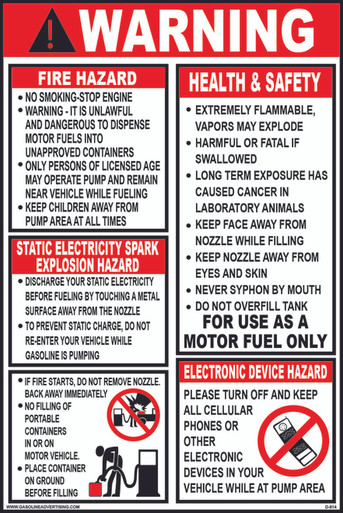 Gasoline Advertising D-814 8" W x 12" H 'WARNING' Fueling Instruction ...