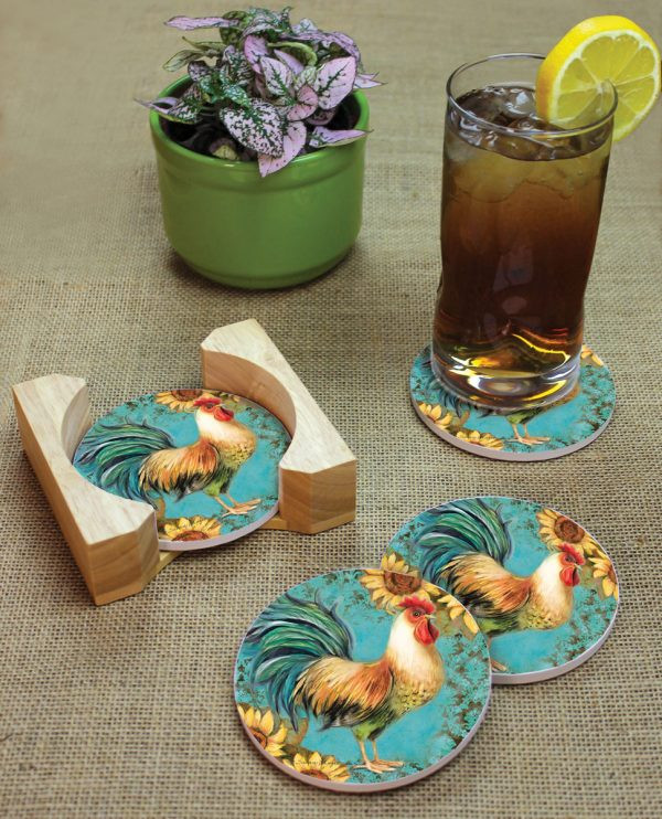 Sunflowers and Teal Rooster Round Coaster Gift Set