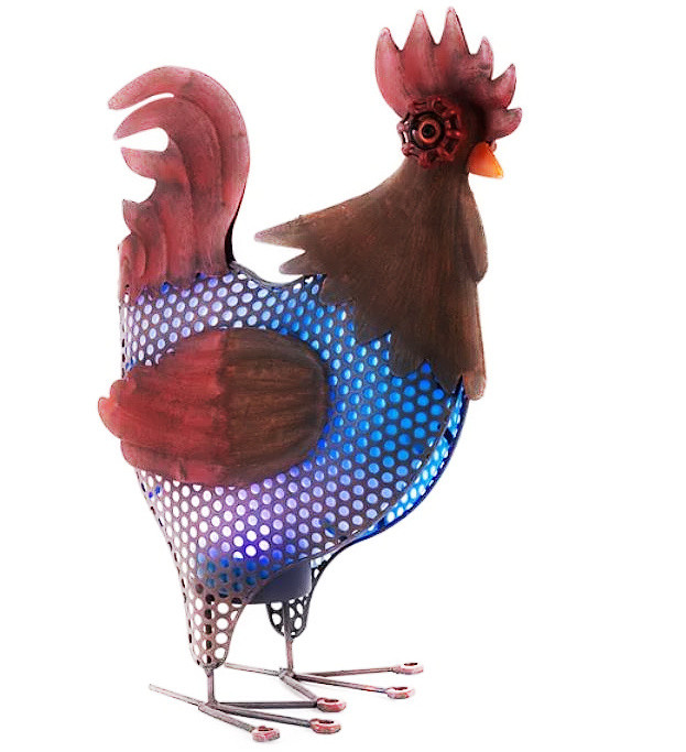 Blue Barnyard Rooster Solar LED Metal Garden Statue