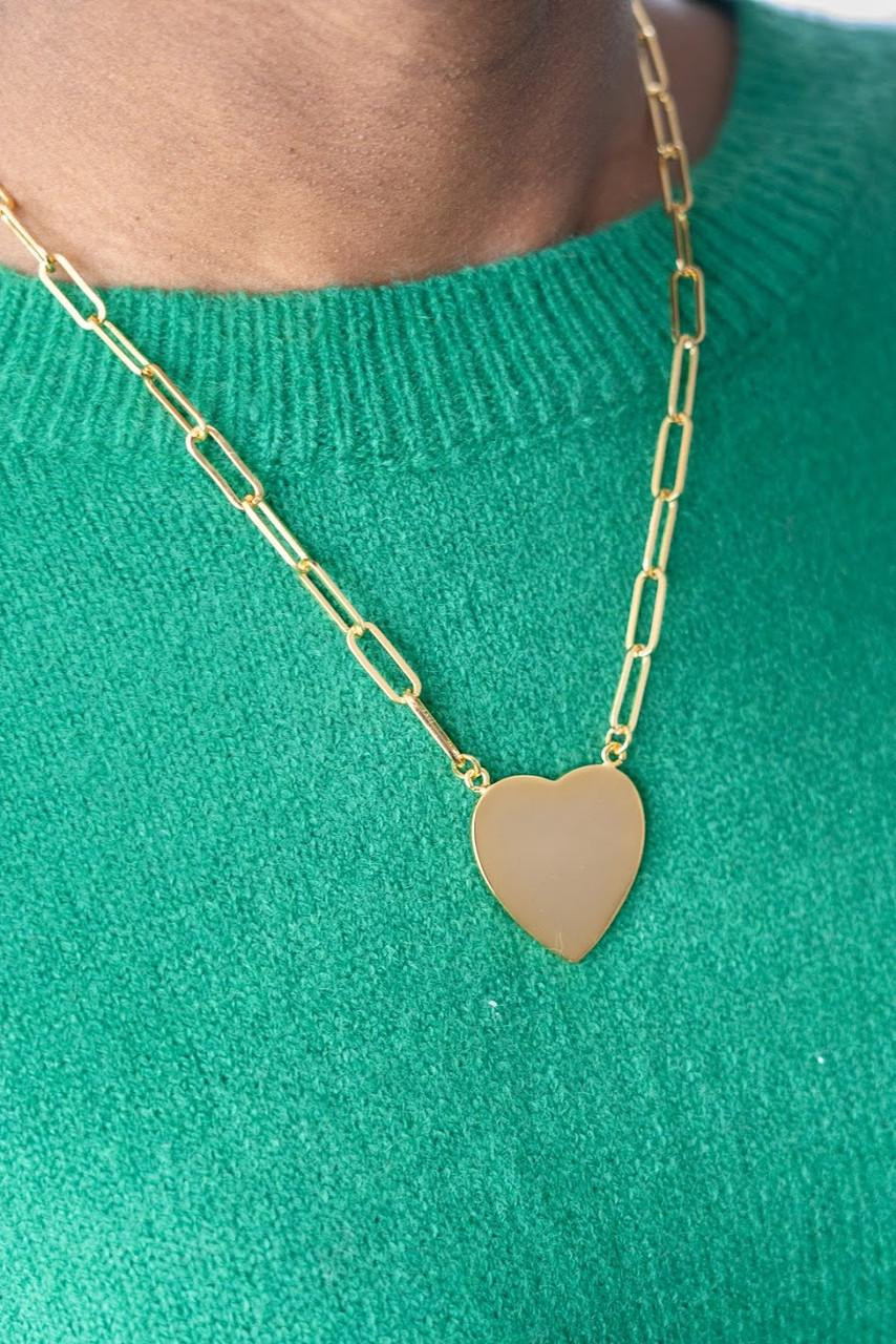Gold Flat Heart Charm Necklace with Paper Clip Chain 18k Gold Plated