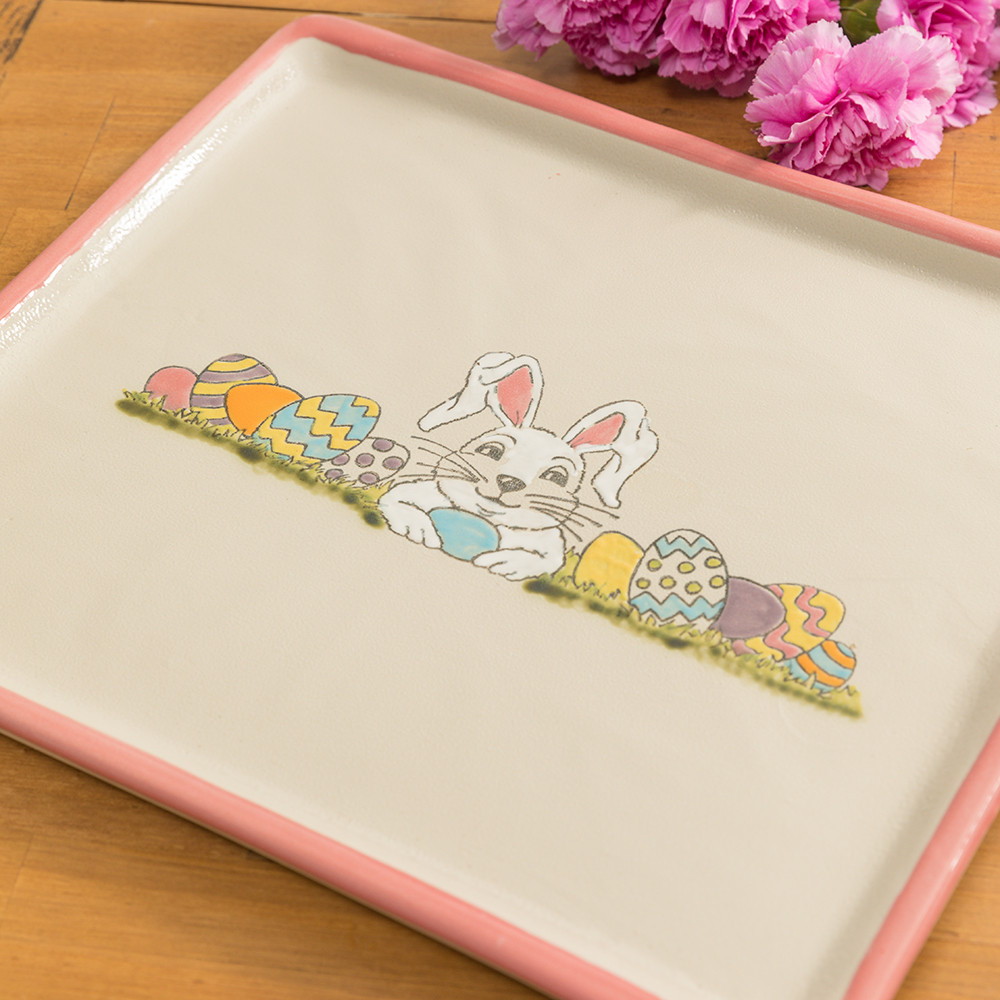 14" Square Bunny Tray with Pink Banding - Stoneware & Co.