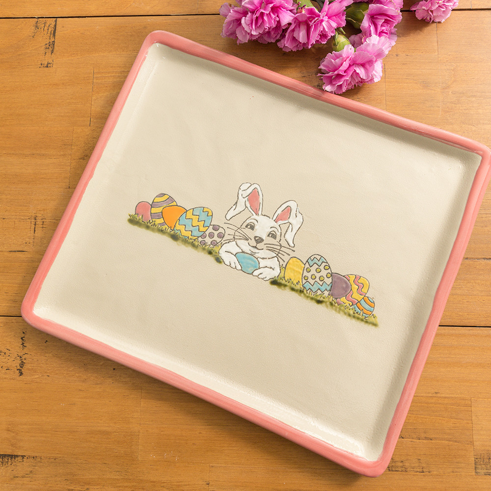 14" Square Bunny Tray with Pink Banding - Stoneware & Co.