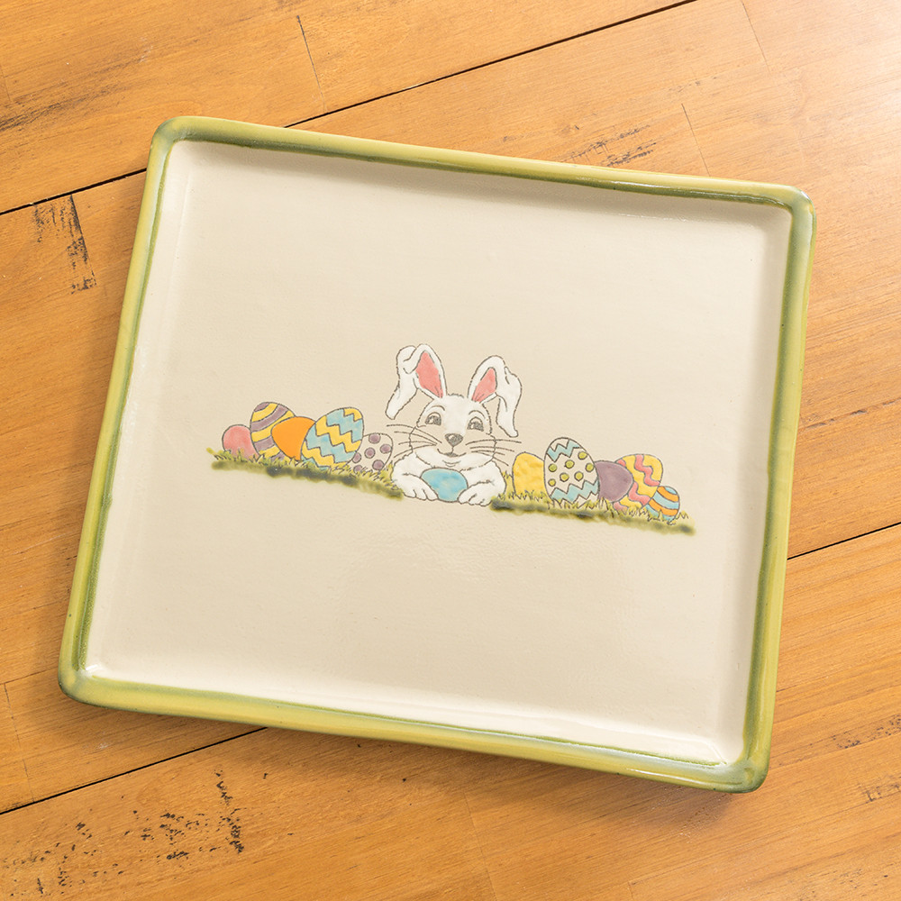 14" Square Bunny Tray with Green Banding - Stoneware & Co.