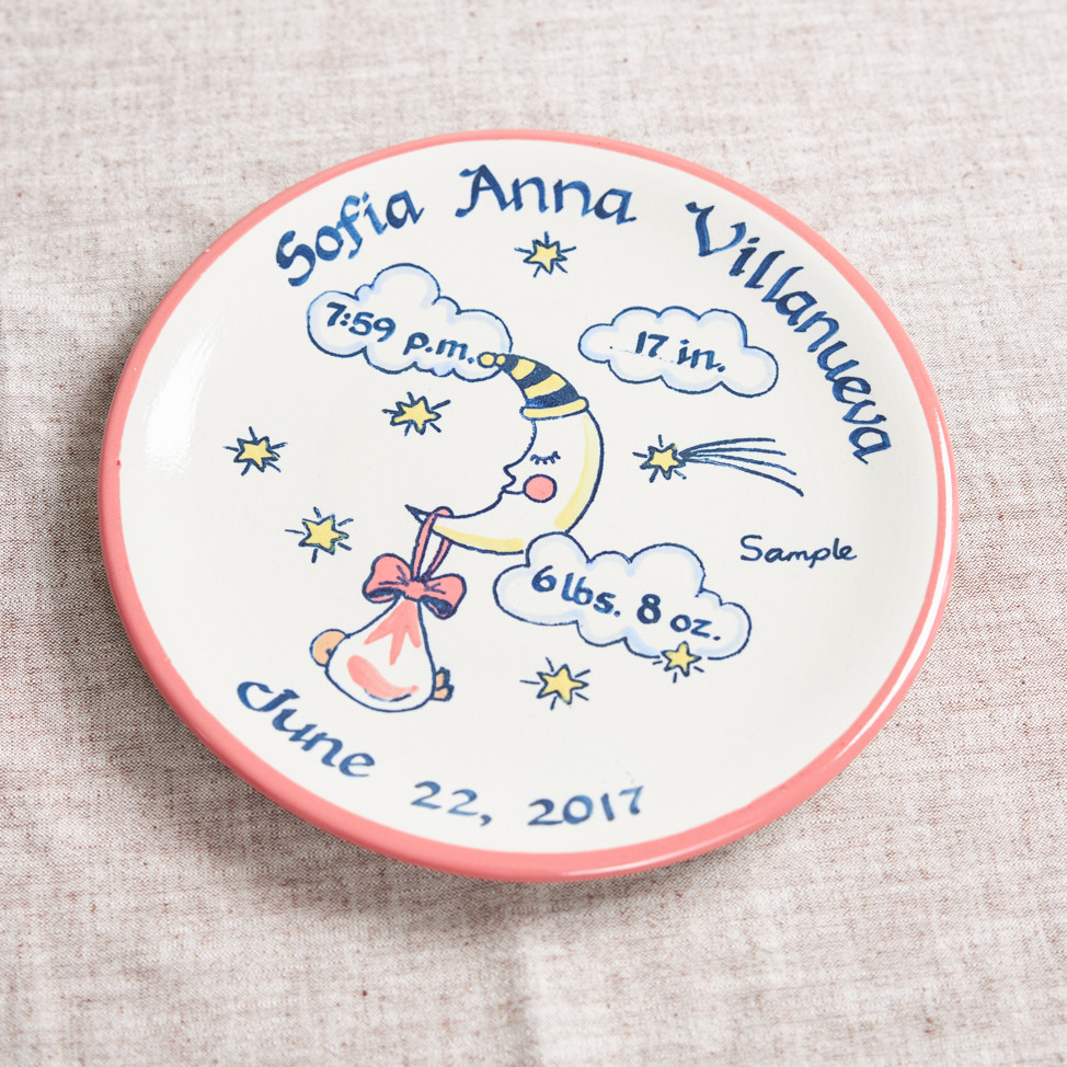 Personalized Birth Plate with Pink Moon | Louisville Stoneware