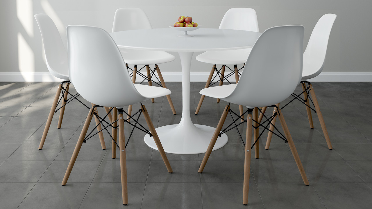 Tulip 48" Fiberglass Dining Table & Wood Leg Chairs Set