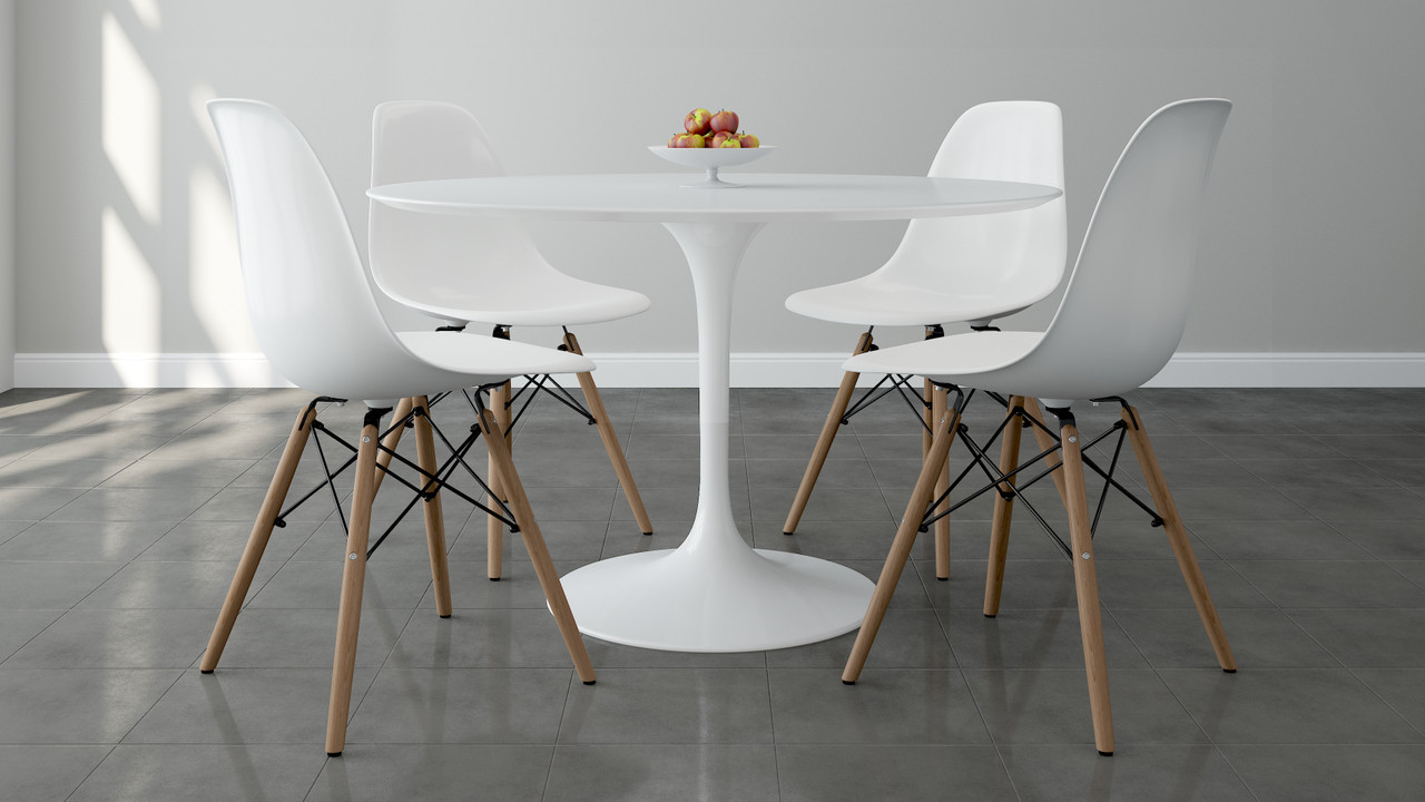 Tulip 48" Fiberglass Dining Table & Wood Leg Chairs Set