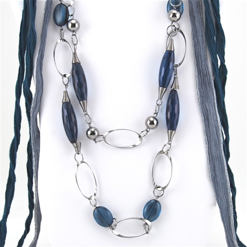 Double Strand Silver Chain Blue Bead Necklace | FashionJewelry.com