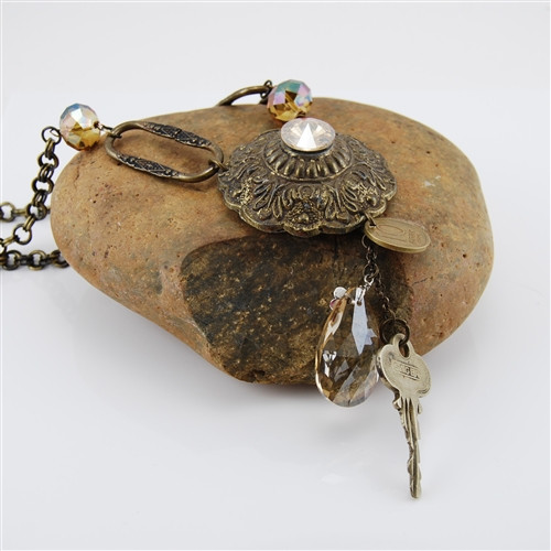 Antique Brass Crystal key Coin Pendant Necklace | FashionJewelry.com