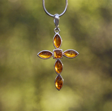 Silver Amber Cross Pendant | FashionJewelry.com