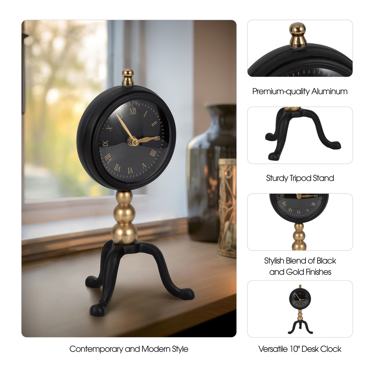 10" Addison Gold And Black Desk Clock | Sagebrook Home