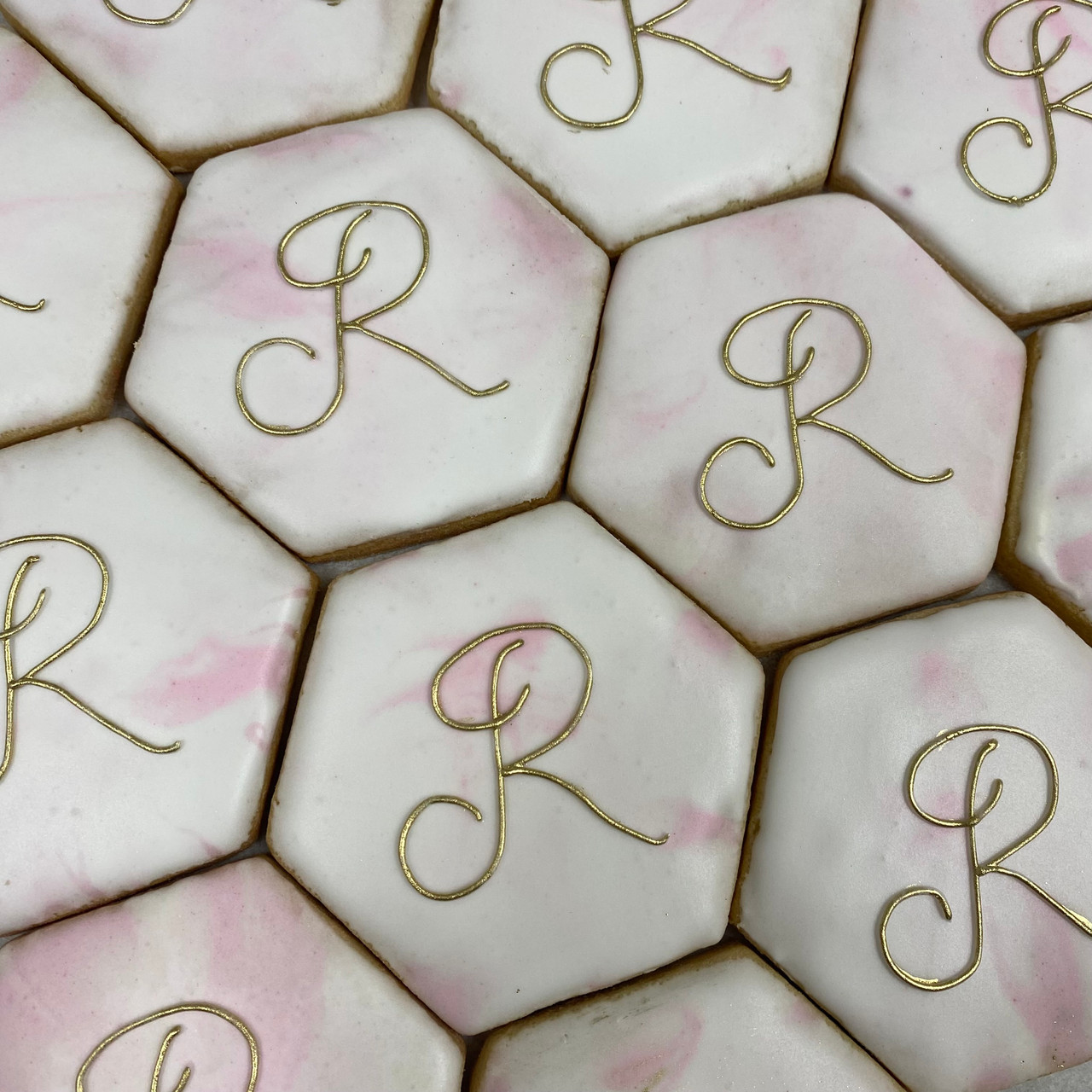 Marble Pink and Gold Initial Hexagon 9x13 Gift Platter| Elegant Desserts NY