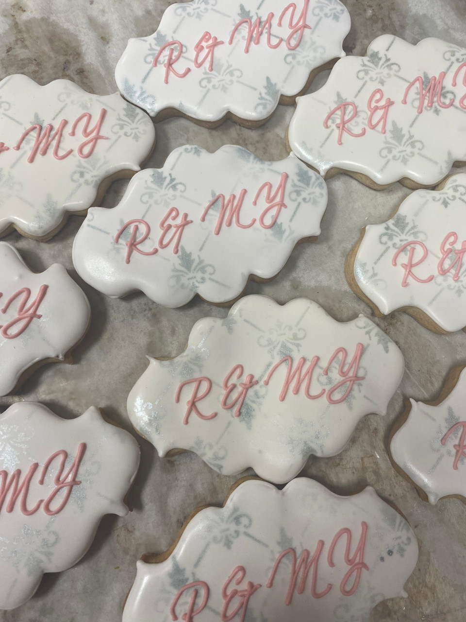 Custom Names Pink & Grey Plaque Icing Sugar Cookie| Elegant Desserts NY
