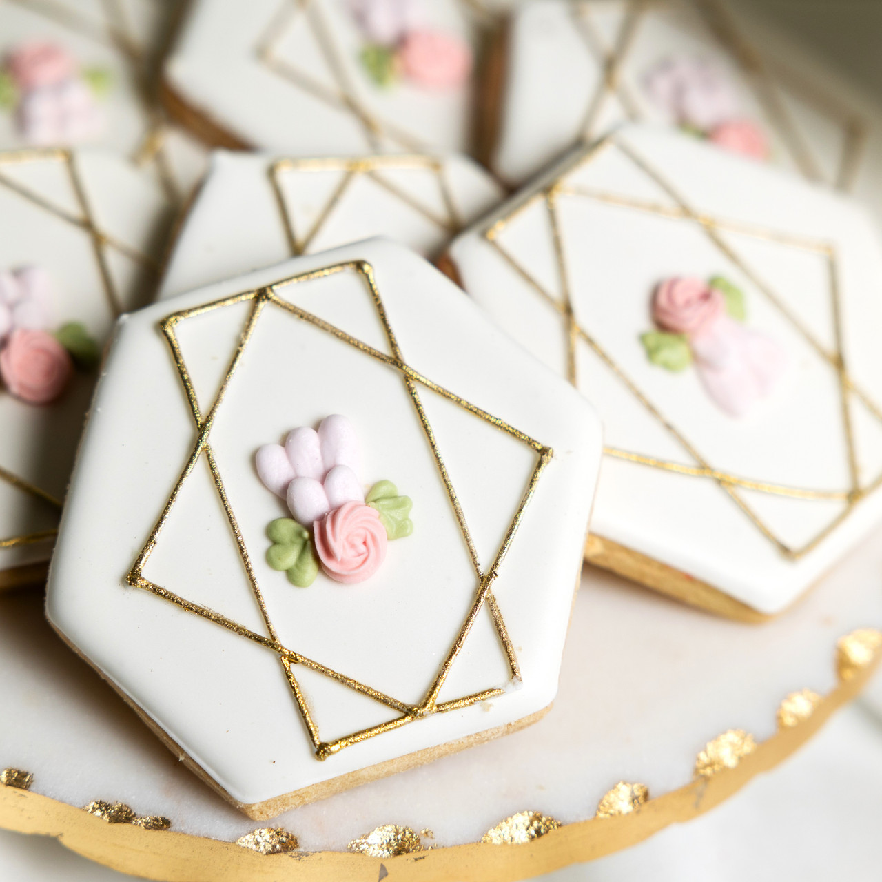 Pink Flowers in Gold Frame Icing Cookies 9x13 Gift Platter| Elegant ...