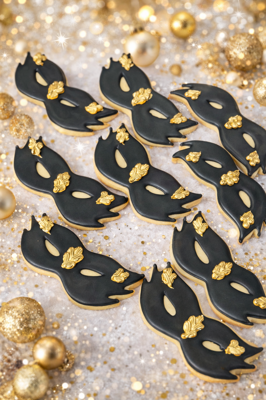 Black and Gold Splatter Mask Icing Cookies 9x13 Gift Platter| Elegant ...