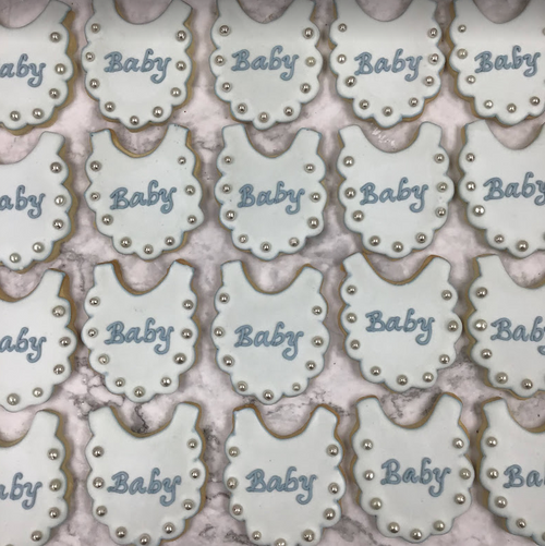 Blue Baby Bib Icing Cookies 9x13 Gift Platter| Elegant Desserts NY
