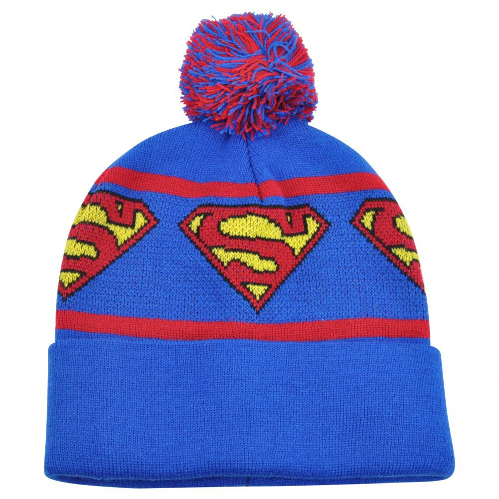 DC Comics Superman Man of Steel Repeat Logo Pom Pom Cuffed Beanie Knit ...