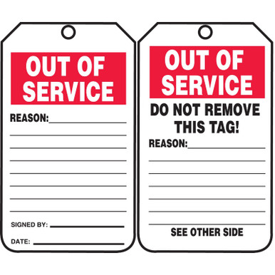 Safety Tag, Out Of Service Tag, 5 3/4" X 3 1/4", 5/PK TRS243PTK ...
