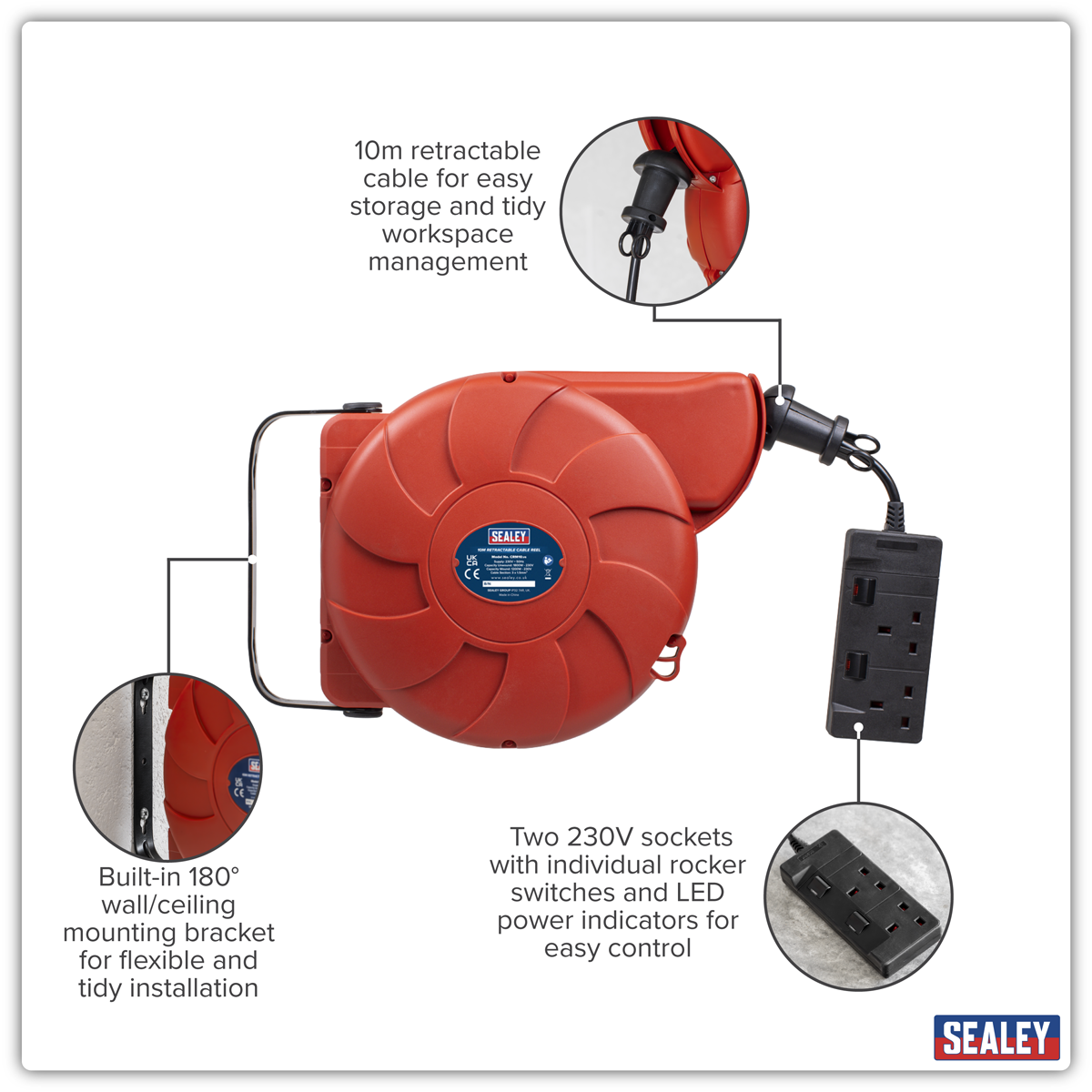 10m Retractable Cable Reel 230V | CRM10 | Sealey