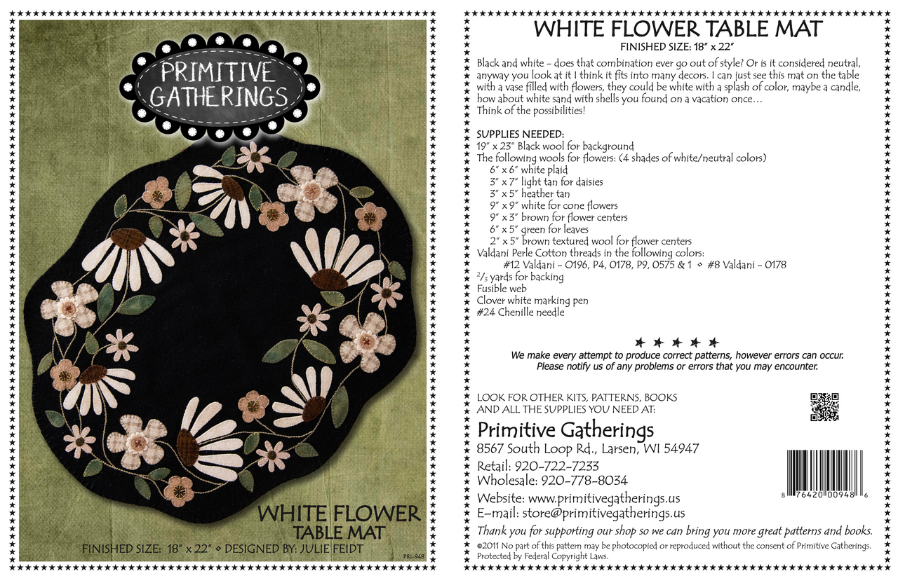 White Flower Table Mat Pattern Download Primitive Gatherings Quilt Shop