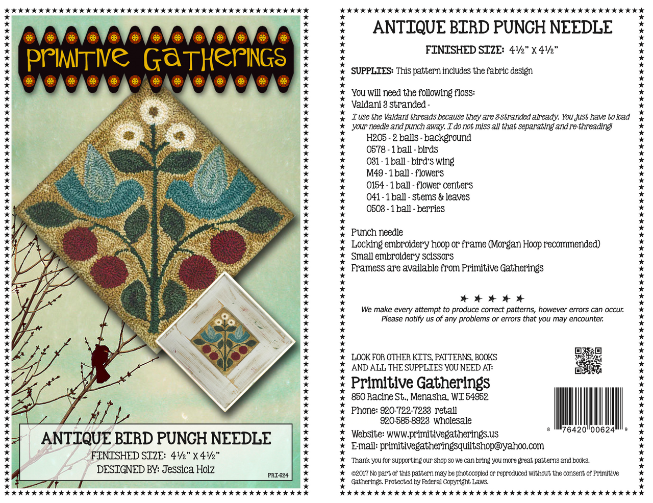 Antique Bird Punch Needle PRI-624 - Primitive Gatherings Quilt Shop