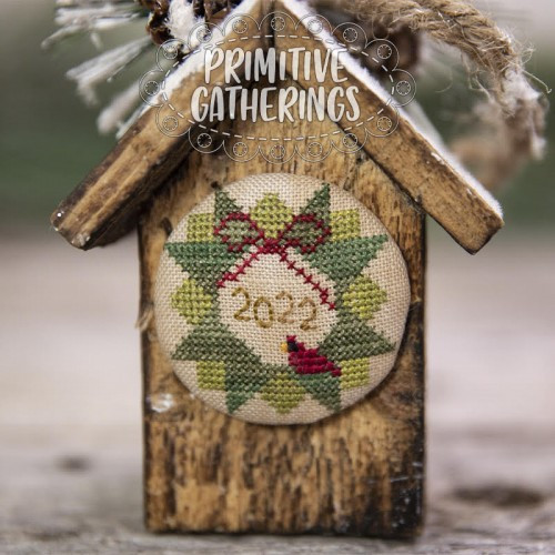 Cardinal Wreath Cross Stitch PRI-887 - Primitive Gatherings Quilt Shop