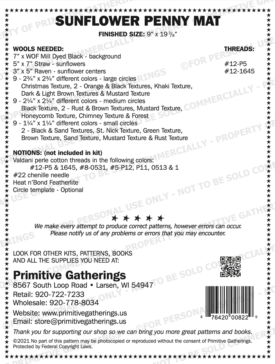 Sunflower Penny Mat PRI-822 - Primitive Gatherings Quilt Shop