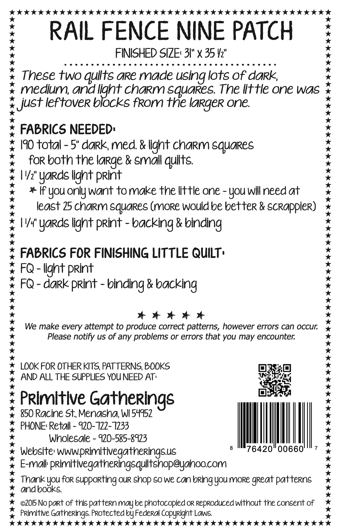 Rail Fence Nine Patch PRI-660 - Primitive Gatherings Quilt Shop