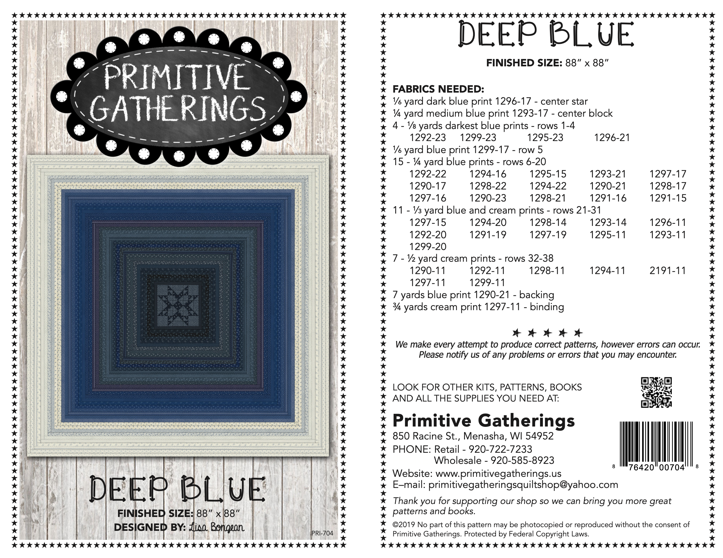 Deep Blue DOWNLOAD - Primitive Gatherings Quilt Shop