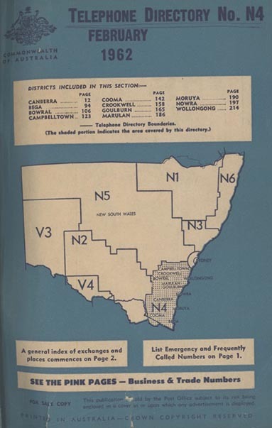NSW Telephone Directory 1962 N4: East Coast South NSW
