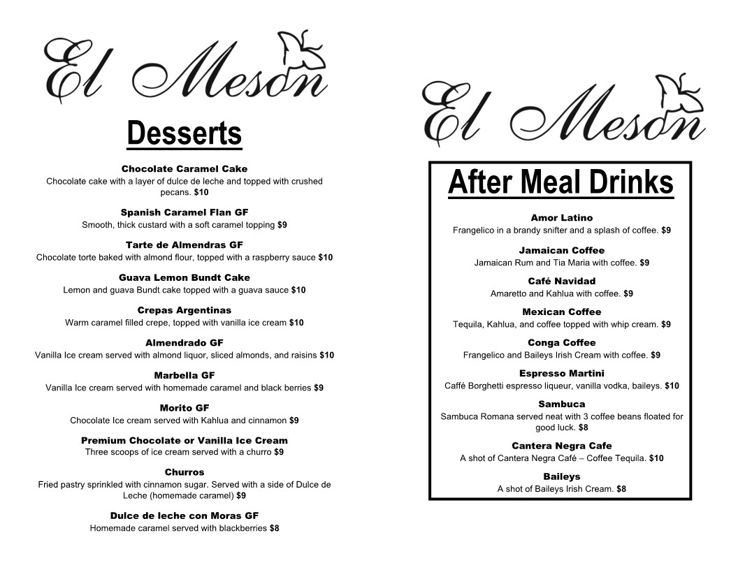 Mexican Restaurant Dessert Menu