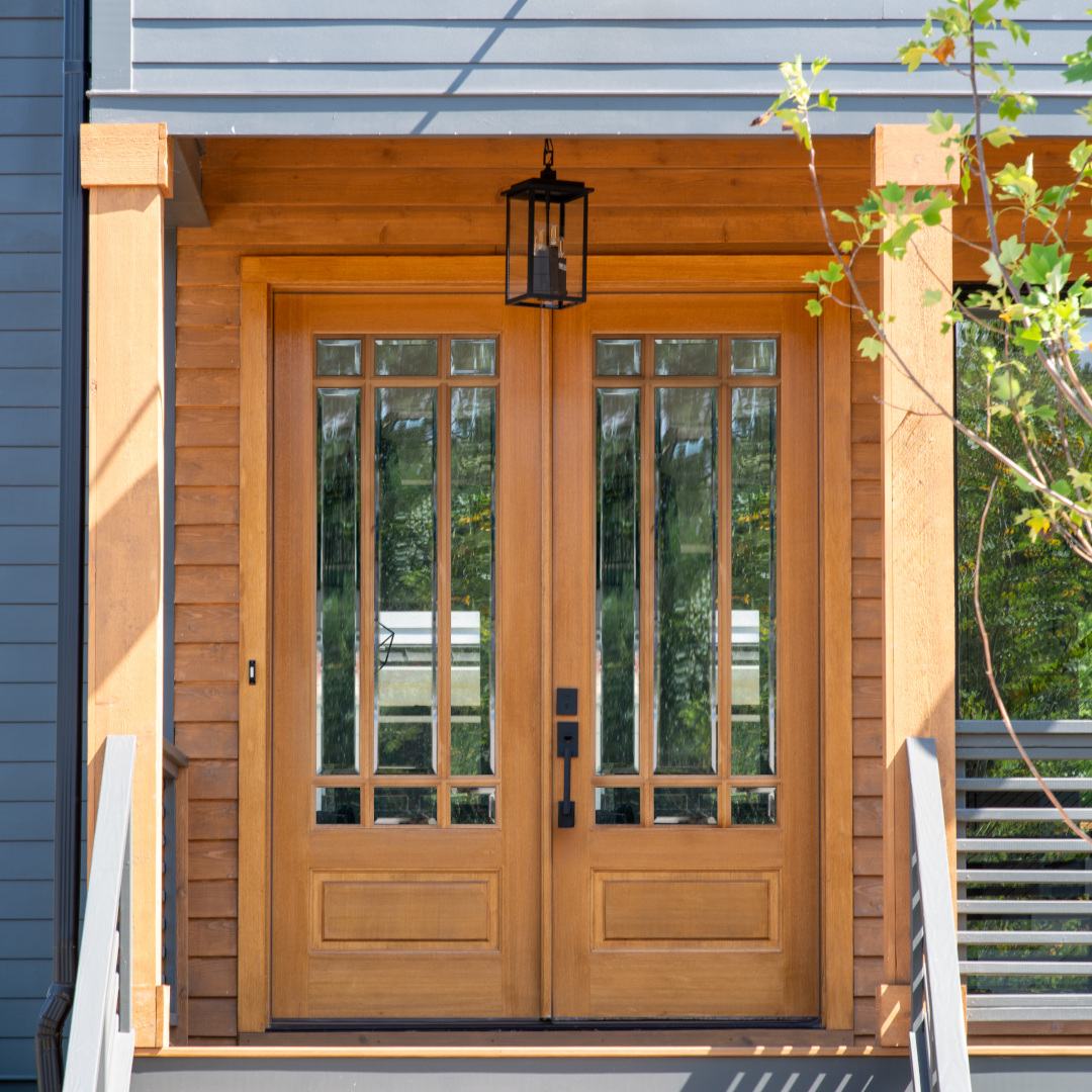 Mahogany 9 Lite Prairie Style Double Front Entry Door Clear Bevel Glass ...